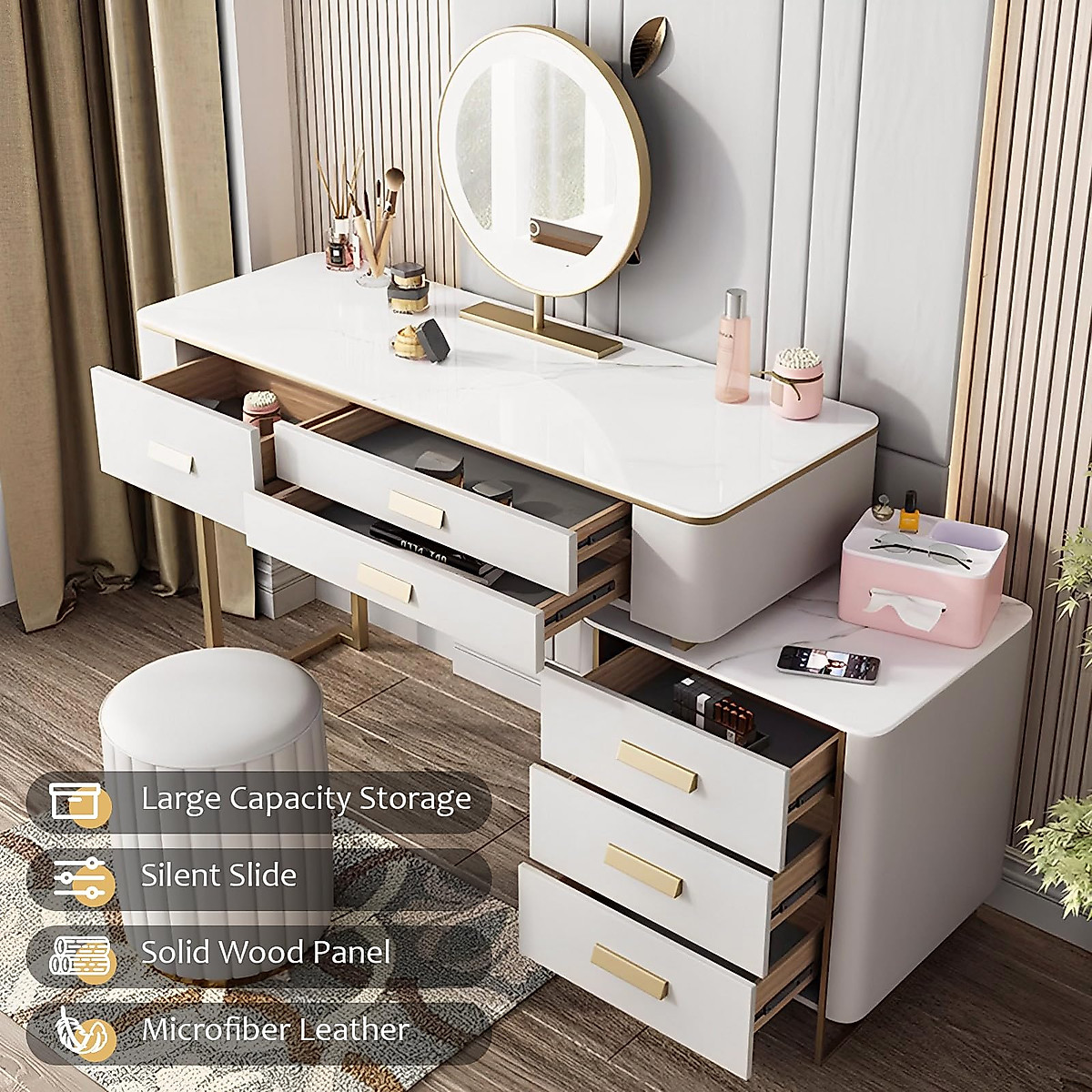 Luxury Makeup Vanity Desk with 6 Solid Wood Drawers, Freely Movable Side Cabinet, Marble Slate Desktop Dressing Table, Microfiber Leather Wrapped Vanity Stool - 39.4In White