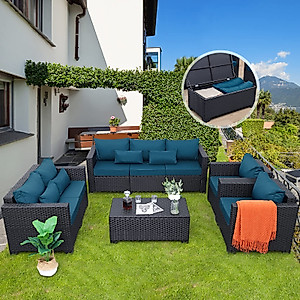 Rattaner Patio Furniture Set 5 Pieces Outdoor Furniture Sets Patio Couch Outdoor Chairs Coffee Table Peacock Blue Anti-Slip Cushions and Waterproof Covers