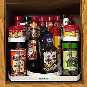 Stow-n-Spin Spice Rack Organizer for Cabinet 2 Tier Lazy Susan Organizer Holds 40 Spice Jars with Double Spinner on Bottom Spice Shelf for Kitchen Pantry Organization and Storage Made in USA