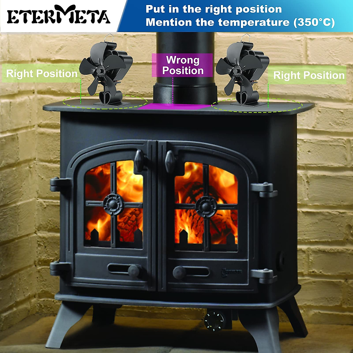 ETERMETA Wood Stove Fan 5 Blades Heat Powered Fireplace Fan Heat Activated Fan with Thermometer for Wood Log, Warm/Heated Air Eco Stove Fan, Black
