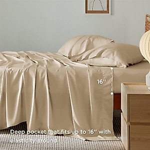 Bedsure California King Sheet Set, Cooling Sheets for Hot Sleepers, Rayon Derived from Bamboo, Breathable & Soft Deep Pocket Up to 16 Inches, Hotel Luxury Silky Bedding, Bedsheet & Pillowcases, Beige