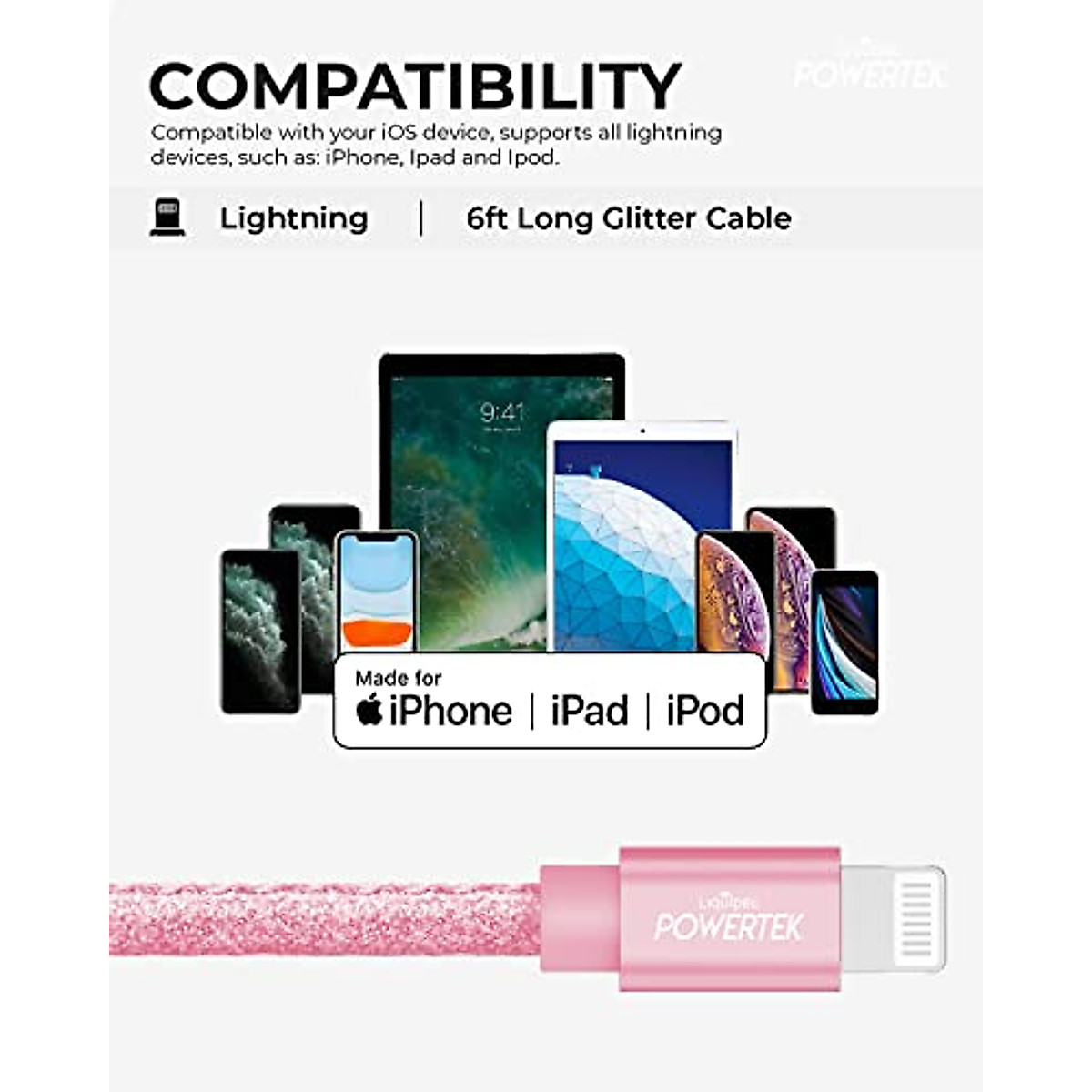 LIQUIPEL Powertek Glitter MFi Certified Charger Compatible for Apple iPhone, iPad, 6ft Cable, Lightning to USB Cable Cord, Fast Charging Lightning Cable (Pink)