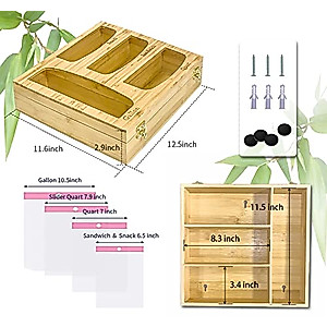 Bamboo Ziplock Bags Organizer for Kitchen Drawer - Food Storage Plastic Bag Dispenser Holder Containers, Openable Lid Wooden Organization Box for Gallon Snack Sandwich Quart Variety Size Baggies