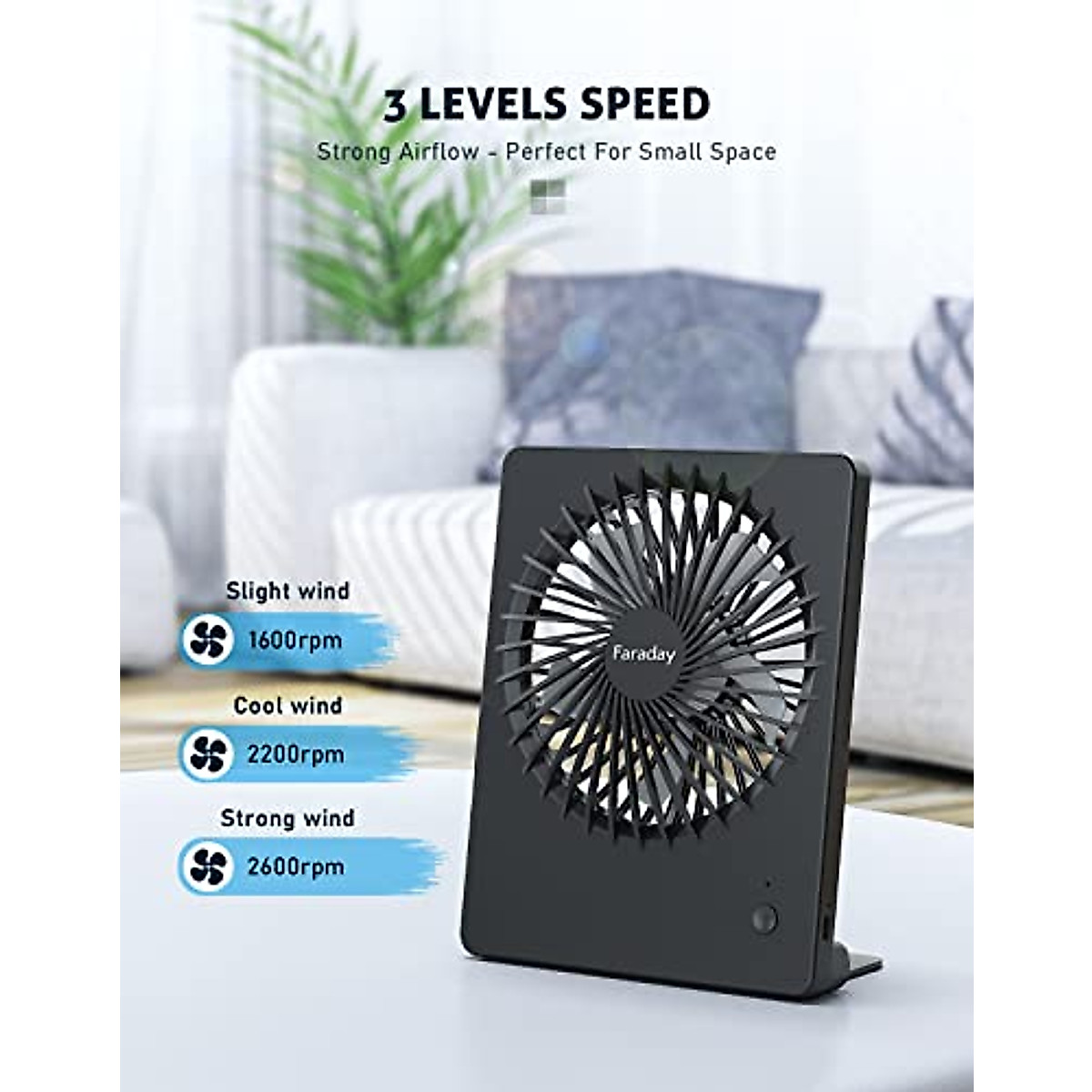 FARADAY Small Table Fans Rechargeable Portable 180°Tilt Folding Desk Fans Battery Operated Personal Fan Ultra Quiet For Home Bedroom Office Desktop, 3 Speeds (Black)