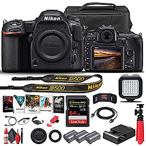 Nikon D500 DSLR Camera (Body Only) (1559) + 64GB Memory Card + Case + Corel Photo Software + 2 x EN-EL 15 Battery + Card Reader + LED Light + HDMI Cable + Cleaning Set + Flex Tripod + More (Renewed)