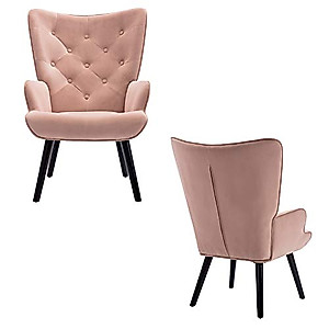 Dolonm Velvet Accent Chair Modern Tufted Button Wingback Vanity Chair with Arms Upholstered Tall Back Desk Chair with Solid Wood Legs for Living Room Bedroom Waiting Room(Dusty Pink)