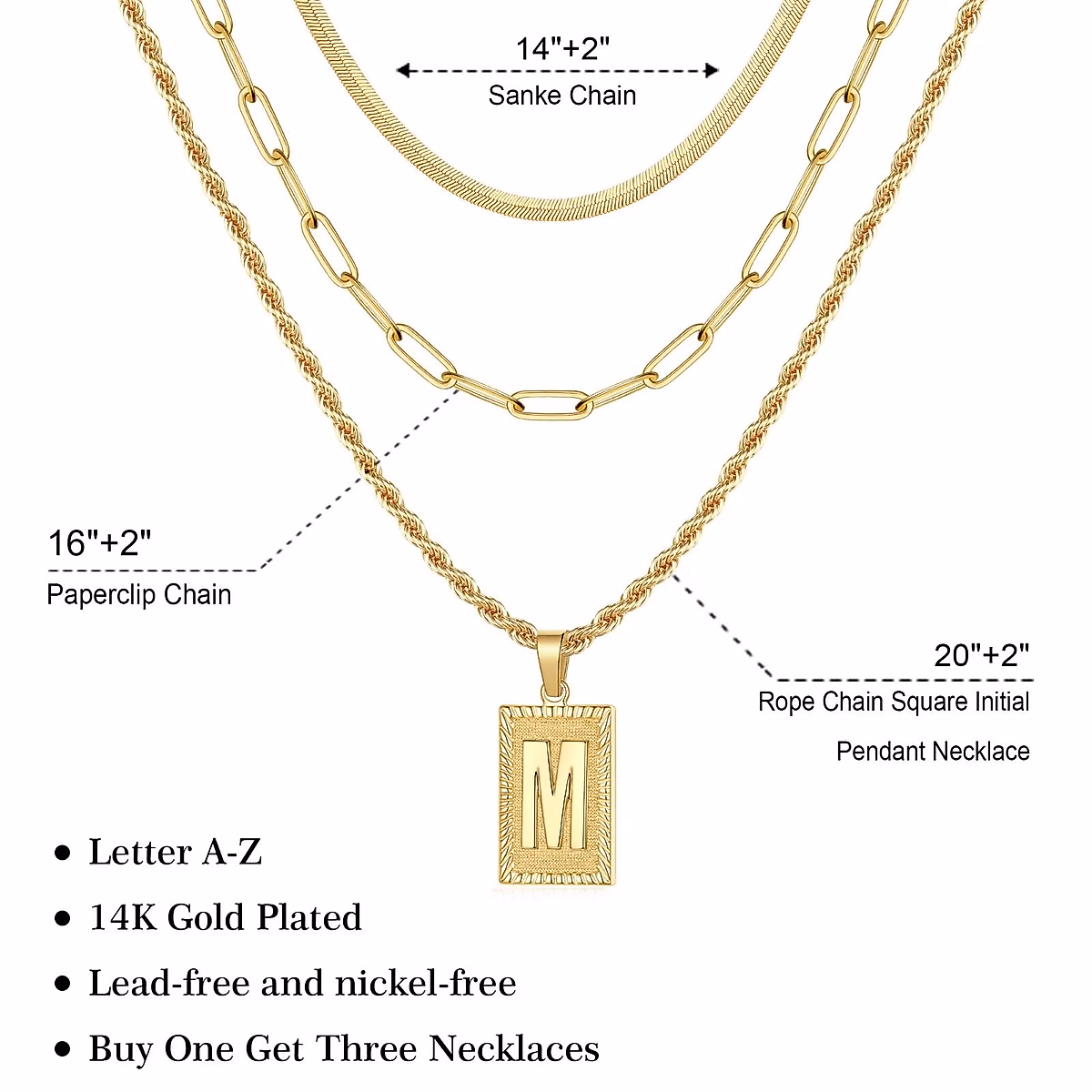 Layered Initial Necklaces for Women, 14K Gold Plated Layering Snake Choker Necklace Paperclip Chain Necklace Square Letter M Initial Necklace Gold Layered Necklaces for Women Gold Necklaces for Women