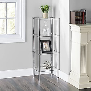Home Basics Small Glass (Clear/Silver), Shelving Storage Unit with Chrome Metal Bars 4 Tier Corner Shelf