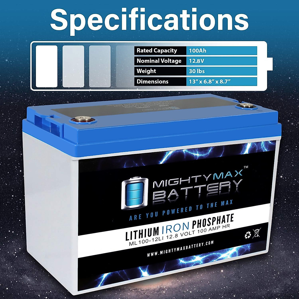 Mighty Max Battery ML100-12LI - 12 Volt 100 AH Deep Cycle Lithium Iron Phosphate (LiFePO4) Rechargeable and Maintenance Free Battery (1 Pack)