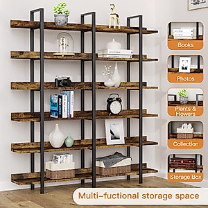 FRAPOW 83Inch Industrial Bookshelf and Bookcase, Double Wide 6 Tier Large Vintage Book Shelf with Metal Frame Open Bookshelves for Living Room Home Office
