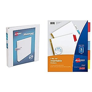 Avery Economy Showcase View Binder with 1 Inch Round Ring, White, 1 Binder (19601) & 11121 Insertable Big Tab Dividers, 5-Tab, Letter