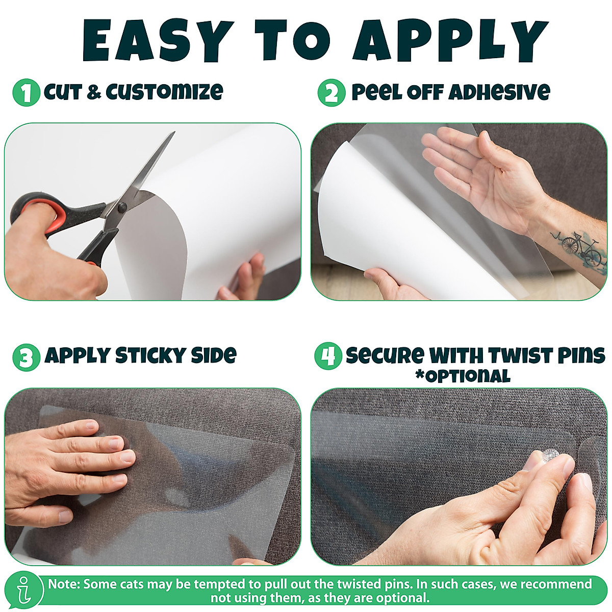 FixZilla Anti Cat Scratch Furniture Protector, 10-Pack Couch Protector from Cat Claws – Heavy-Duty, Easy-to-Apply Scratching Deterrent and Shield for Sofa Corners, Walls, Doors- with 50 Twist Pins