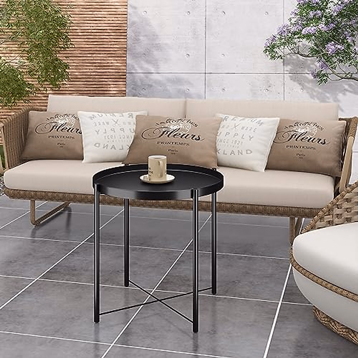 Fixwal End Table, Metal Side Table Black Round End Table Sofa Small Table with Removable Tray for Living Room Bedroom Balcony Patio and Office