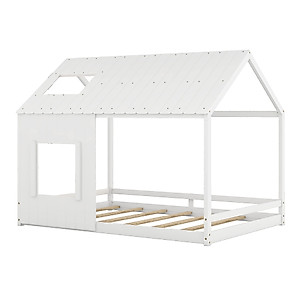 Bellemave House Bed Full Size Montessori Style Floor Frame Wood Kids Cabin Beds Fun Playhouse with Roof and Window for Girls Boys Teens, White