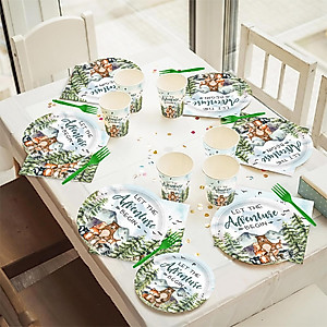 XIENBLOC 120pcs Let The Adventure Begin Party Supplies Baby Shower Plates Napkins Tableware Set Disposable Cups Green Forks Adventure Party Supplies for 24 Guests