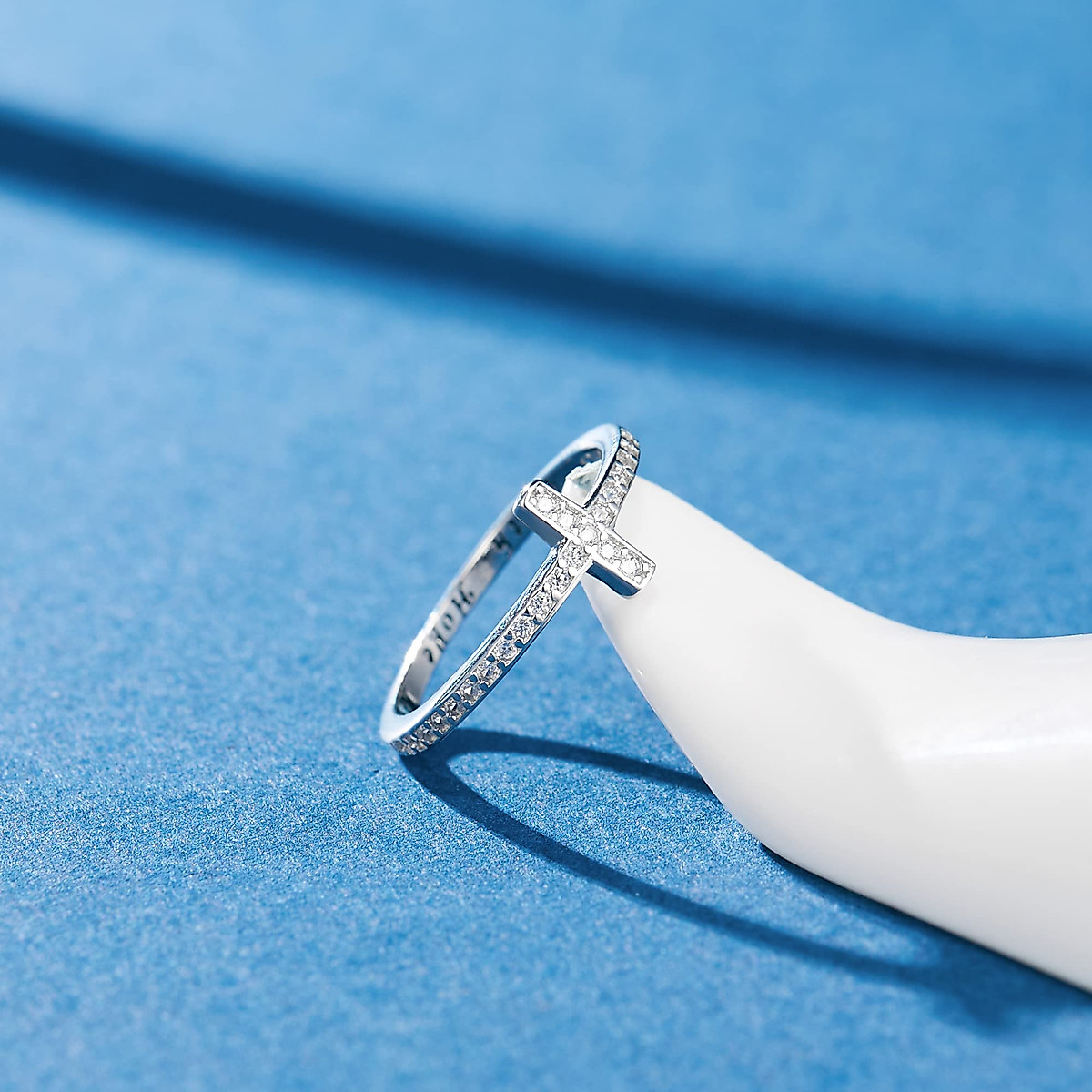 EVER FAITH 925 Sterling Silver Shiny CZ Ring, Engraved Faith Hope Love Sideways Cross Ring for Women -Size 7