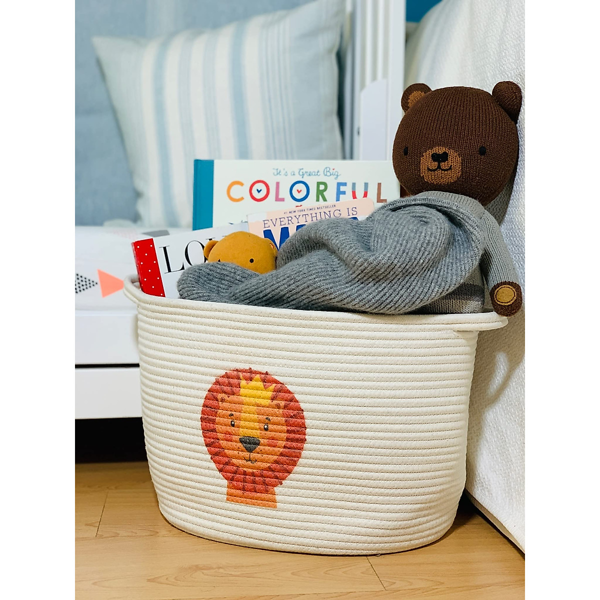 Cute Safari Lion Nursery Baby Basket/Baby Hamper/Woven Storage Basket/Rope Cotton Baby Laundry Hamper Large - 11"H x 17.7"W x 13.4"L/Nursery Storage Toys Books Kids Dog Blanket Decor/Baby Gift