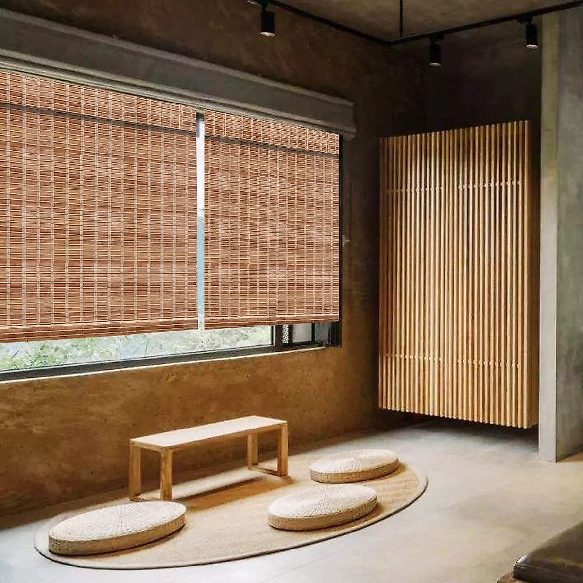 LANTIME Wood Window Blinds Shades, Lined Blackout Bamboo Roller Shades, Easy Installation for Home and Garden, Pattern 8