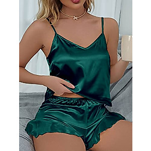 Womens Pajama Sets Sexy Lingerie Satin Sleepwear Cami Shorts Set V Neck Pj Silk Nightwear Dark Green XL