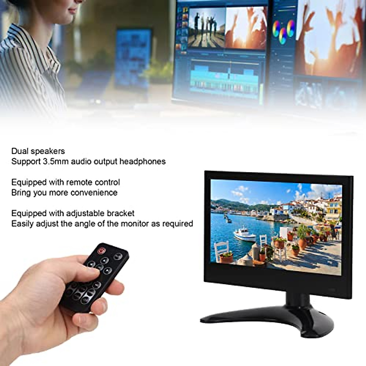 CHICIRIS Computer Desktop Monitor, Capacitive Touchscreen Monitor Remote Control VGA AV DC Input 7 Inch for Gaming (US Plug)