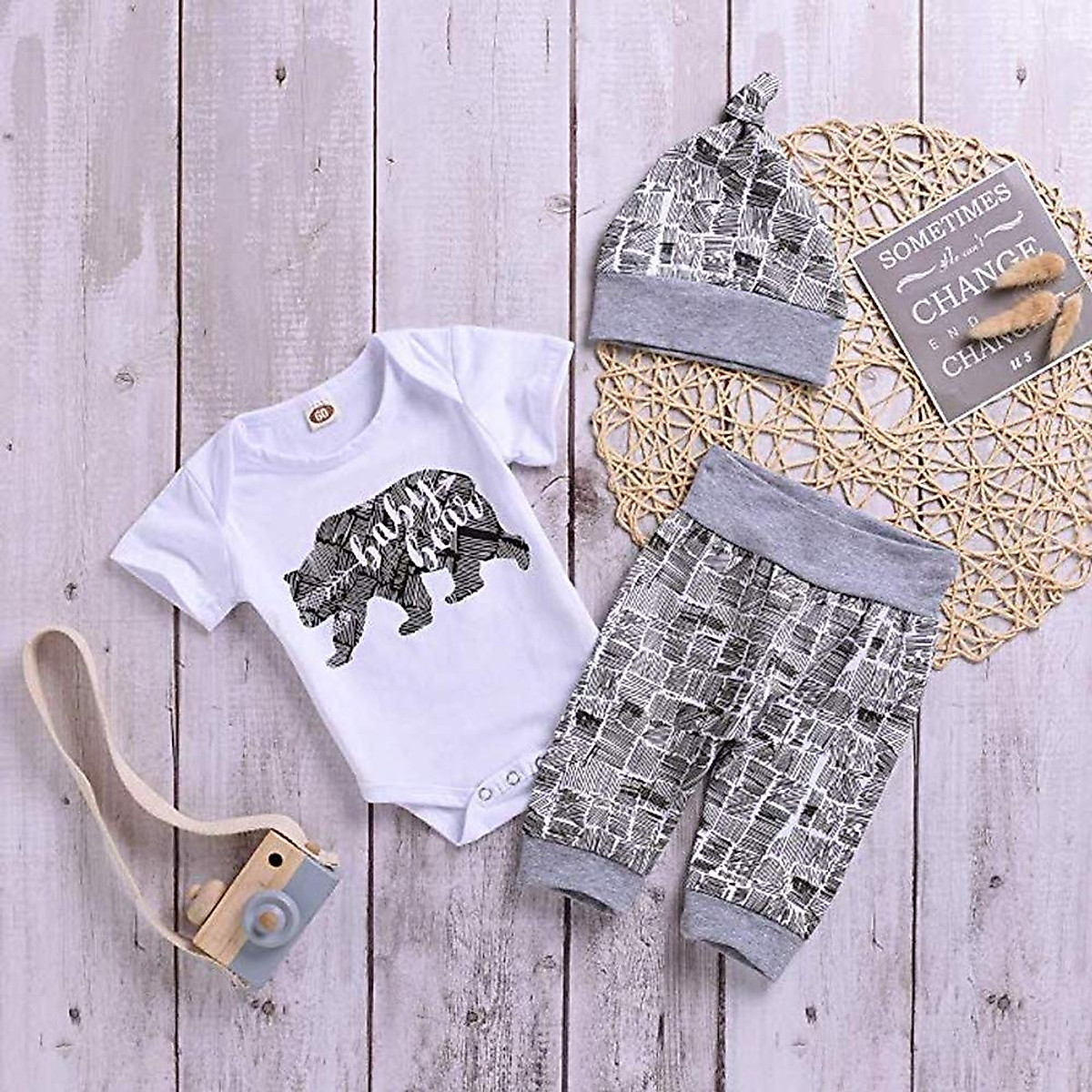 Newborn Baby Boy Clothes Baby Bear Letter Print Romper+Long Pants+Hat 3PCS Outfits Set White