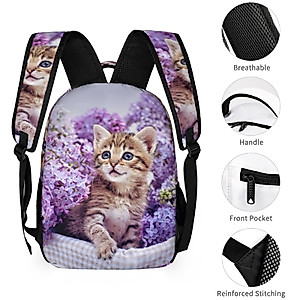 Niapessel Kids Backpack for School, Cute Kitten Purple Flower Pattern Students Bookbags School Bags Girls Boys