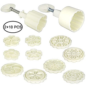 2 Set Mooncake Mould Press With 10 Stamps, FineGood Round Cherry Blossom Mooncake Mould Dessert Decoration for DIY Cookie Hand Pressure Mooncake Baking Tools (50g, 75g)