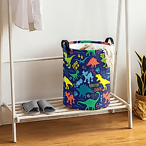 Custom Name Cartoon Dinosaur Collapsible Laundry Basket, Laundry Hamper with Handles Waterproof Oxford Laundry Hamper Household Organizer Basket
