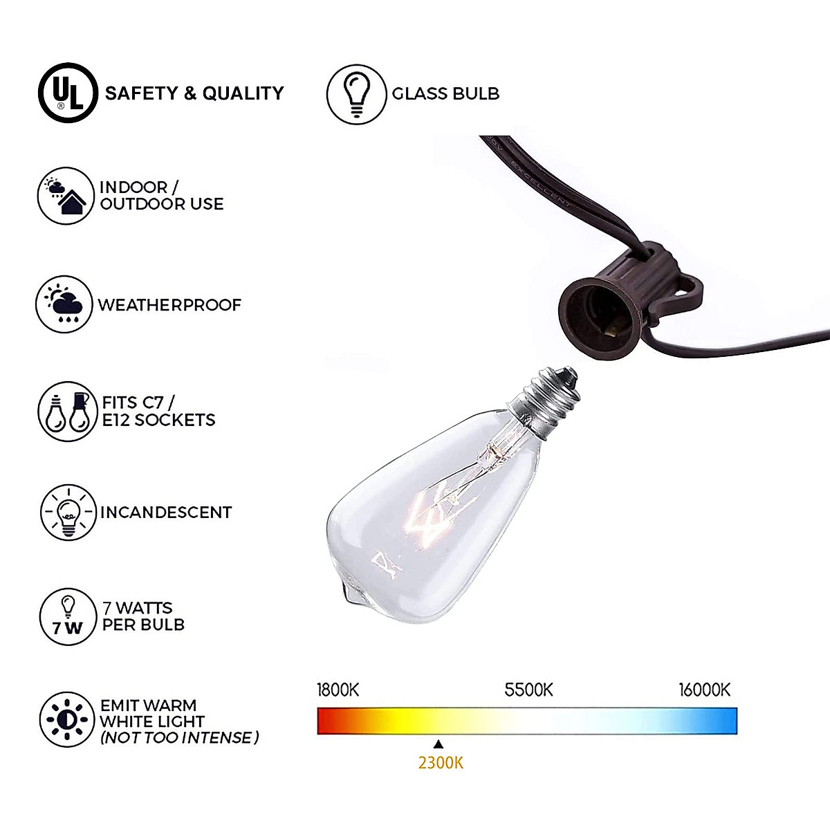 NIOSTA 10 Pack E12 Edison Bulb,ST38 Replacement Bulb for String Lights,120V/7W Incandescent Bulbs,Warm White