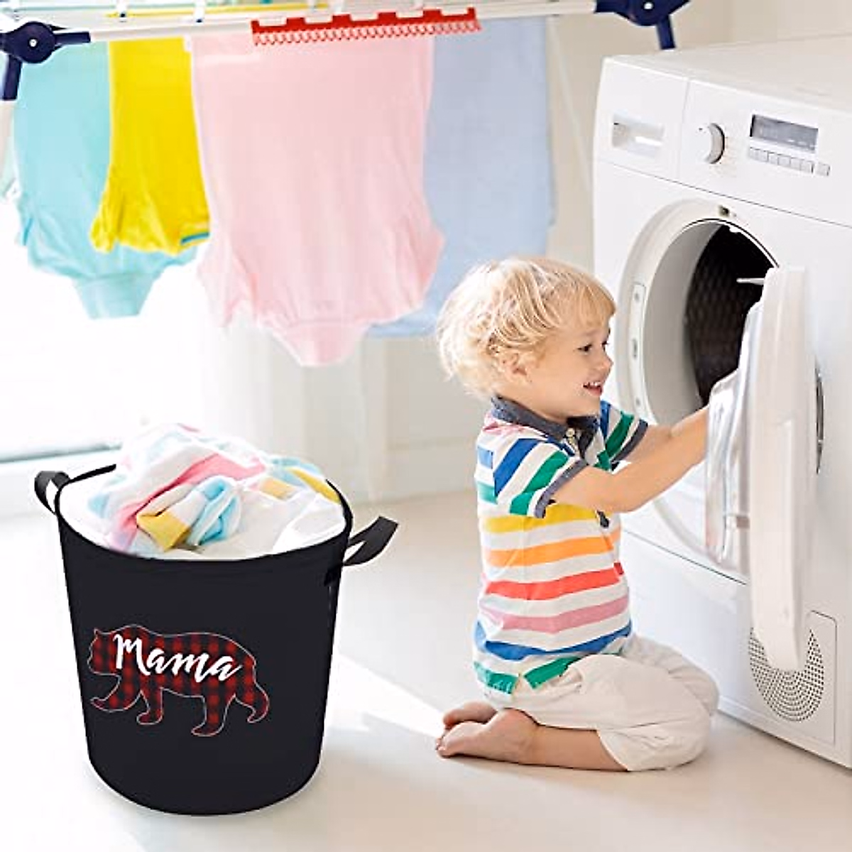 Mama Bear Plaid Foldable Laundry Basket Waterproof Hamper Storage Bin Bag with Handle 16.5"x 16.5"x 17"