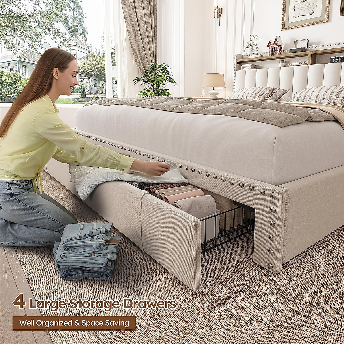 EnHomee Queen Bed Frame with 3 Drawers,Bed Frame Queen Size with Upholstered Headboard and Storage,2-Tier Shelves,1100LBS for Strong Support, No Box Spring Needed,Easy Assembly,No-Noise,Beige