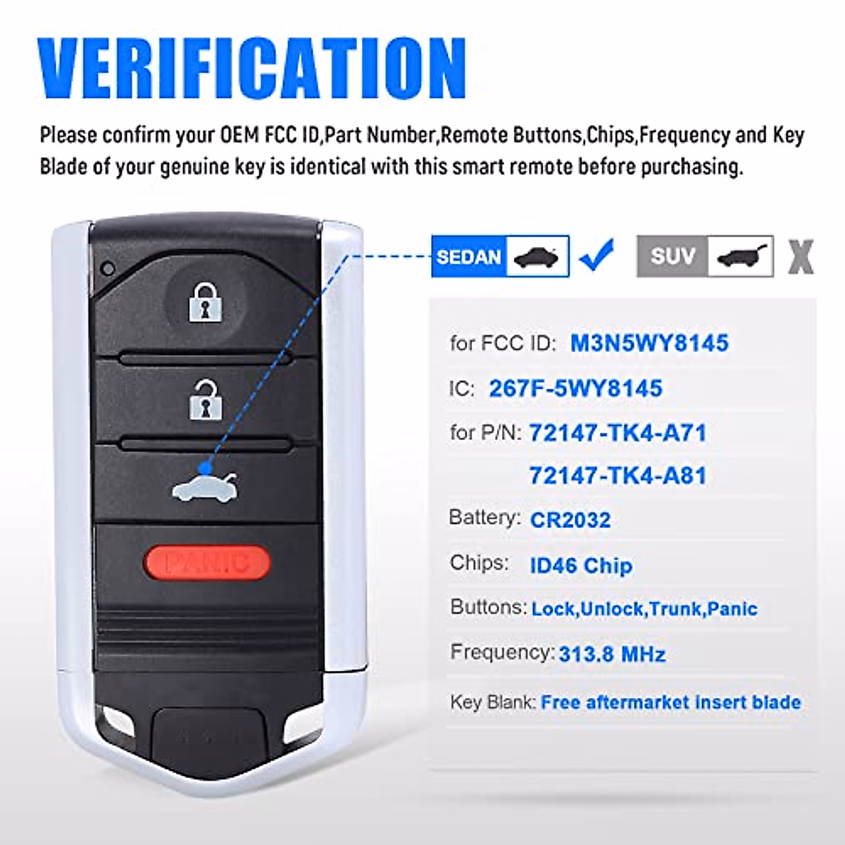 Keymall Car Key Fob Keyless Entry Remote Control for Acura TL 2009 2010 2011 2012 2013 2014(FCC ID:M3N5WY8145 P/N:267F-5WY8145) 4 Button