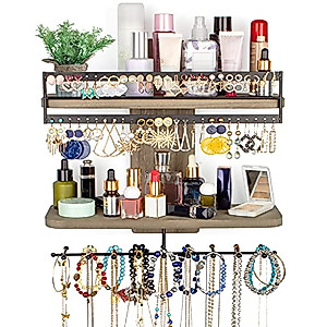 SOLIMINTR Jewelry Organizer Wall Mounted Skincare Product Organizer with Rod Rustic Wood Hanging Storage Shelves Rack Double-layer Holder Display for Necklaces Earrings Bracelet Ring Weathered Grey
