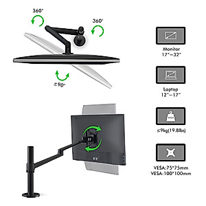 Viozon Laptop/Notebook/Projector Mount Stand, Height Adjustable Single Arm Mount Support 12-17 inch Laptop/Notebook/Tablet, Free Removable VESA 75X75 and 100X100 for Monitor 17-32 inch.