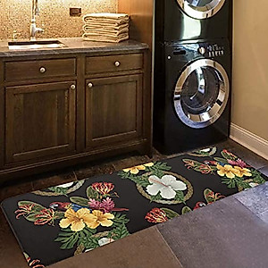 Libaoge Kitchen Mat Rug 1 PCS Tropical Plant Flowers Parrot Red Ginger Flower Hibiscus Runner Rug Anti-Fatigue Comfort Memory Foam Standing Mat Non-Slip Floor Door Mat for Bathroom Bedroom 24x71in