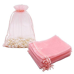 HRX Package 100pcs Blush Pink Organza Bags Large, 6 x 9 inch Drawstring Gift Pouches Mesh Party Favor Bags for Christmas Wedding Baby Shower