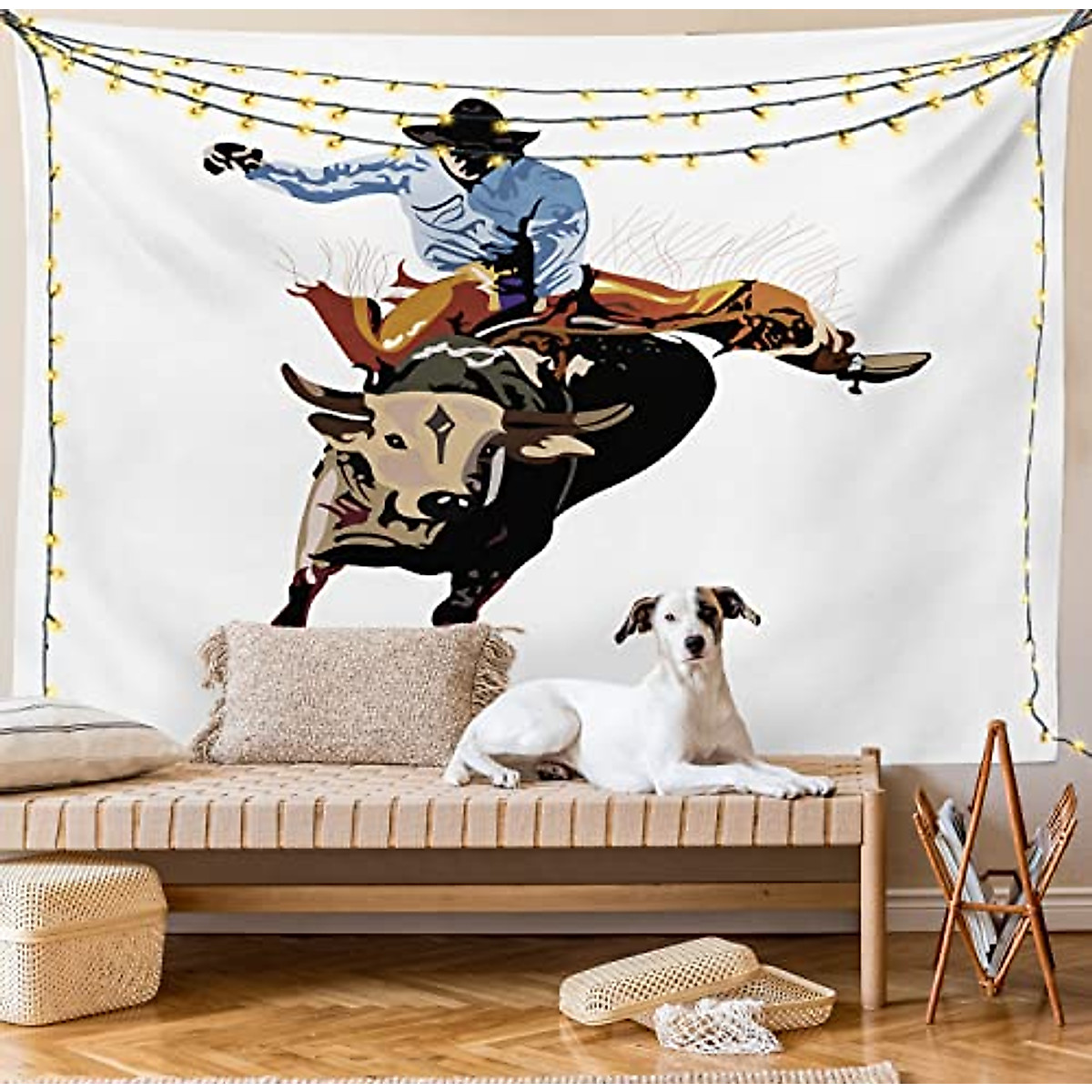 Ambesonne Rodeo Tapestry Twin Size, Yea Haw Cowboy Bucking Bull Western Sports American Graphic, Wall Hanging Bedspread Bed Cover Wall Decor, Twin Size, Rust Beige
