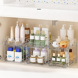 Vtopmart 3 Pack 2 Tier Bathroom Under Sink Organizers and Storage, Clear Kitchen Pantry Organization, Pull Out Medicine Cabinet Organizer with Movable Dividers