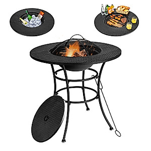 Tangkula 32 Inch Outdoor Fire Pit Dining Table, 4-in-1 Round Wood Burning Fire Pit Bowl, Patio Steel Firepit for BBQ, Bonfire, Camping, Includes Fire Poker, Cover, Grill, Log Grate, Spark Screen Cover