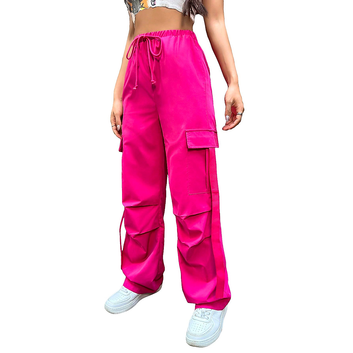 GORGLITTER Women's Drawstring Cargo Pants Flap Pocket High Elastic Waisted Baggy Pants Trousers Hot Pink Medium