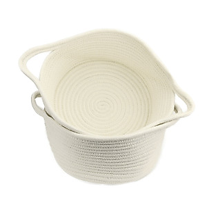 Orino Natural Two Small Cotton Rope Storage Basket with Handles Soft Durable Laundry Toy Pet Storage Nursery Home Decorations Bin (11.81x10.23x6.23 inch, Medium, Off White)