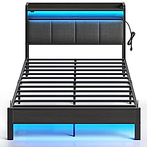 Rolanstar Bed Frame Full Size with Charging Station and LED Lights, Upholstered Headboard with Storage Shelves, Heavy Duty Metal Slats, No Box Spring Needed, Noise Free, Easy Assembly, Dark Grey
