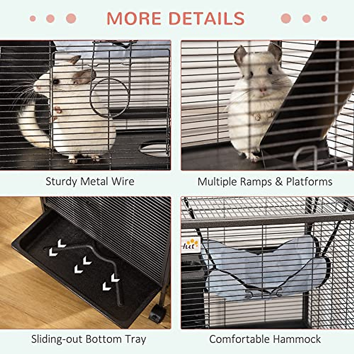 PawHut Metal Small Animal Cage Rolling Big Ferret Cage, Chinchilla Cage, Sugar Glider Cage, with Hammock & 4 Tiers, Removable Tray