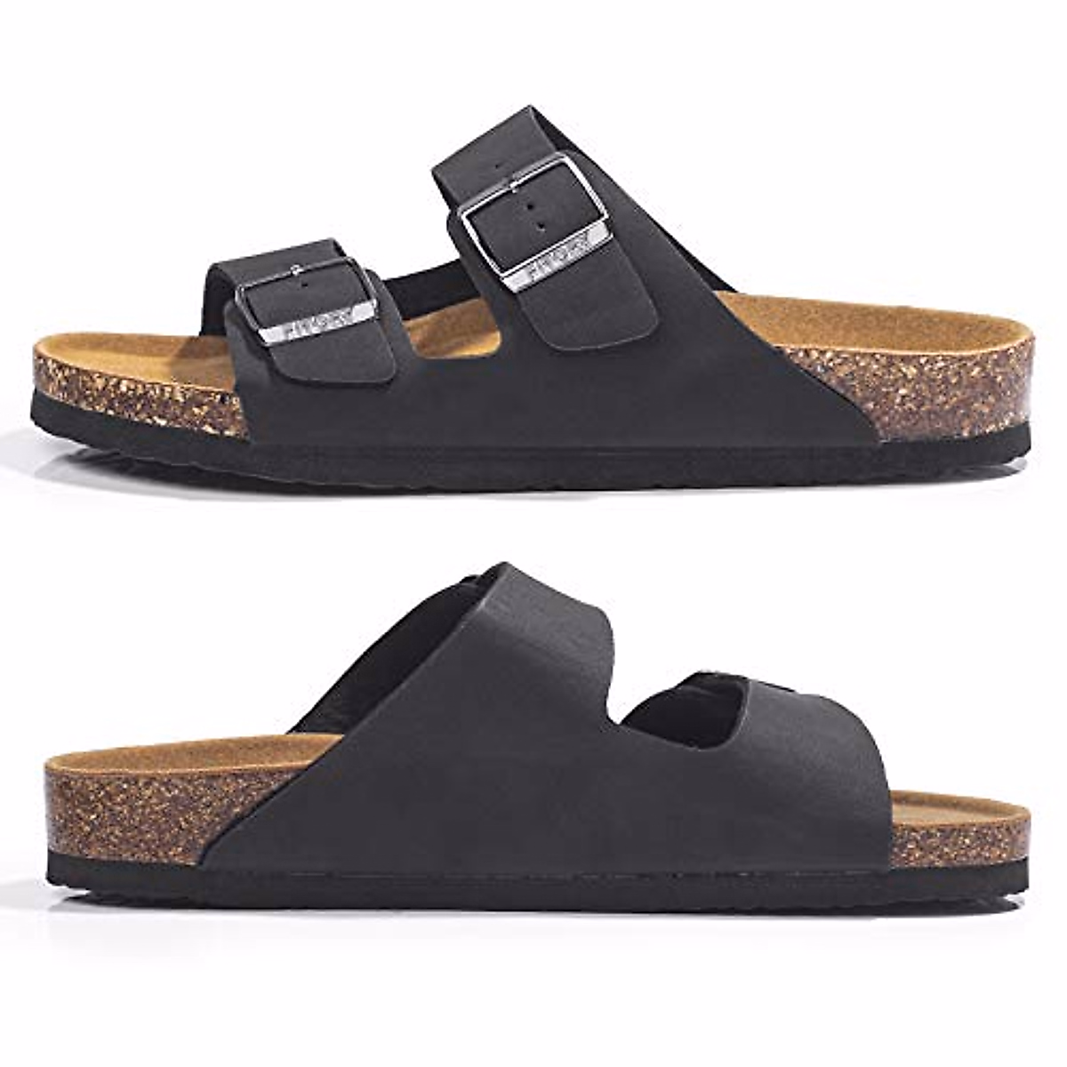 FITORY Mens Sandals, Arch Support Slides with Adjustable Buckle Straps and Cork Footbed Black Size 8