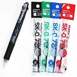 Zebra B4sa1 Clip-on Multi Multifunctional Pen (0.7mm Black, Blue, Red and Green + 0.5mm Mechanical Pencil) - Black Barrel & 4colors Ink Pens Refills Value set(with Our Shop Original Description of Goods)