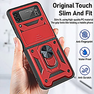 ONOLA for Galaxy Z Flip 3 Case with Slide Camera Cover, with 360°Rotate Ring Magnetic Kickstand Military Heavy Duty Protective Case for Samsung Galaxy Z Flip 3 5G (Red)