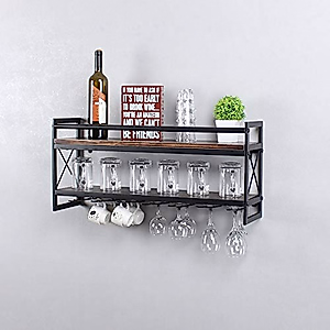 OISSIO Industrial Stemware Rack,Wine Rack Wall Mounted with Wood Shelves,2 Tier Stemware Storage with 7 Stem Glass Holder for Wine Glasses,Mugs,Home Decor,Retro Black(30 inch)