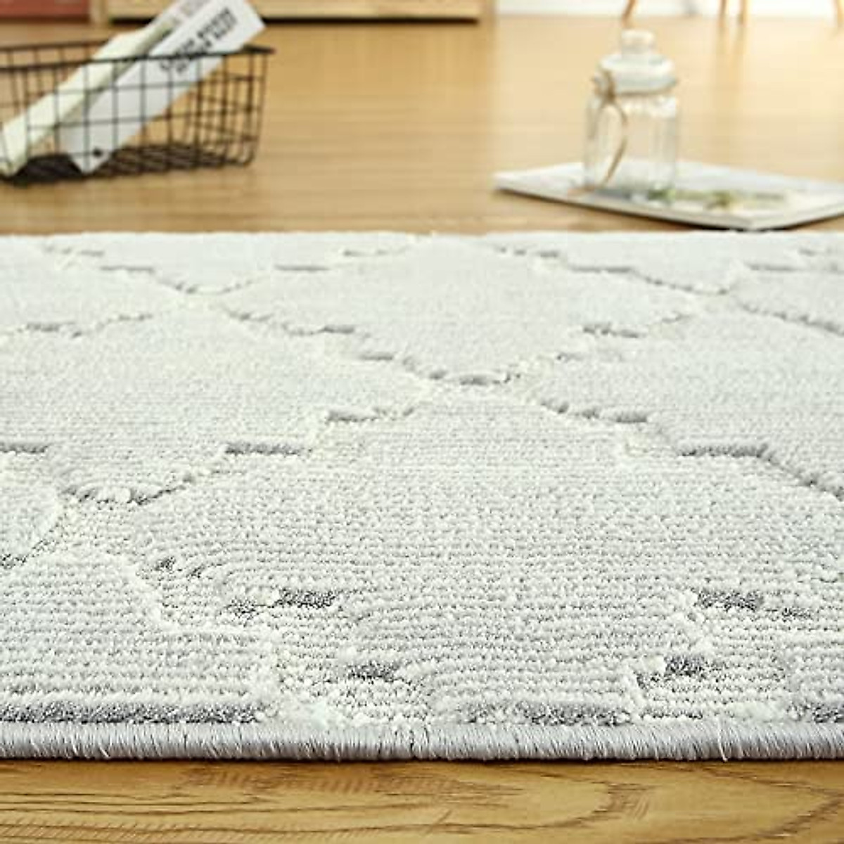 JOLENE.K Shag Rugs 8x10 for Bedroom, Indoor Modern Fluffy Carpet Shaggy Mat Ultra Soft Plush Geometric Rug Moroccan Floorcover Non Slip Thick Boho Rugs Living Room Dining Room Office, Ivory Beige Grey