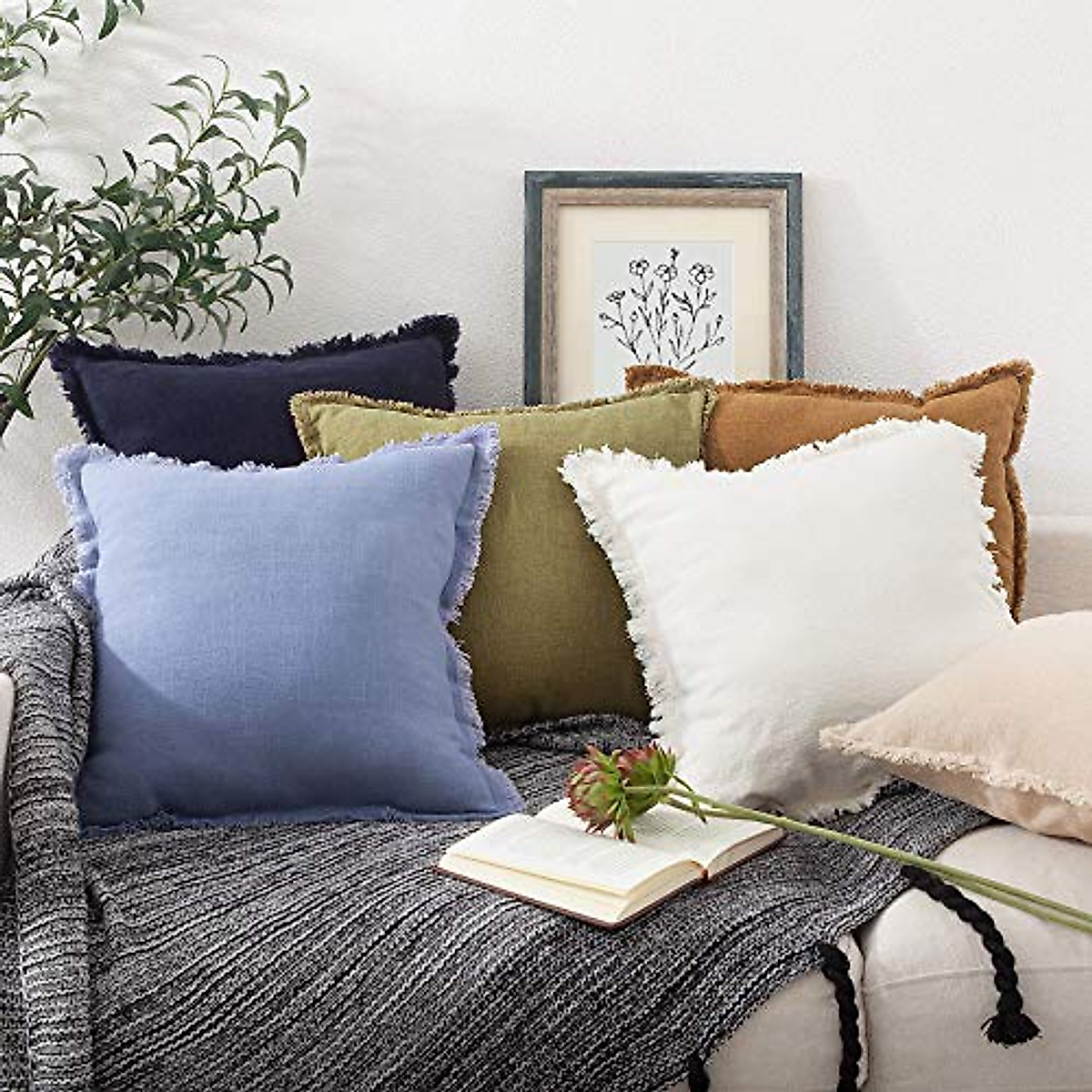 ATLINIA Linen Decorative Throw Pillow Cover 20'' x 20'' Fringed Throw Pillow Cover Pillow Cases Accent Pillows for Bed Brown Pillow Cover