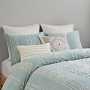 INK+IVY 100% Cotton Comforter Set Trendy Stripe Textured Design, Modern Down Alternative, All Season Cozy Bedding with Matching Shams, Full/Queen, Aqua Reversable Stripes